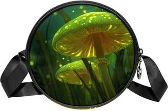 Generic Sac &agrave; bandouli&egrave;re rond rond pour femme, motif champignons verts brillants, avec fermeture &eacute;clair, bretelles r&eacute;glables, style d&eacute;contract&eacute;