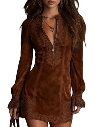 Generic Mini robe à col en V pour femme - Col en V - Avec dentelle - Garniture cowgirl occidentale - Manches longues - Style rétro, marron, M