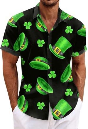 Generic Chemise de la St Patrick pour homme, t-shirt hawa&iuml;en irlandais avec tr&egrave;fle porte-bonheur, chemisier &agrave; boutons &agrave; manches courtes, haut ample d&eacute;contract