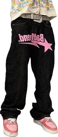 ORANDESIGNE Baggy Jeans Homme Coupe Droite Hip Hop Denim Pantalons à Imprimé Étoiles Lâche Fit Jambe Droite Pantalon Rétro Y2K Streetwear Unisexe I Rose M
