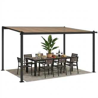 OUTSUNNY Pergola adoss&eacute;e - Outsunny - toit rigide &eacute;tanche - goutti&egrave;res int&eacute;gr&eacute;es - aluminium et polycarbonate - 3,8x3m - gris fonc&eacute;