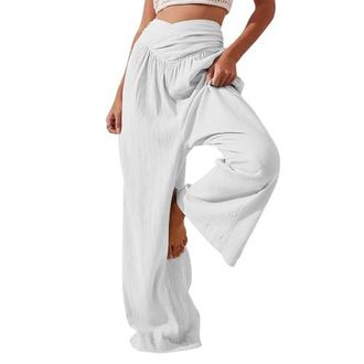 Generic Pantalon en coton et lin pour femme - Jambe large - Pantalon de plage d&eacute;t&eacute; confortable - Pantalon de yoga Palazzo - XIYU26004, blanc, XXL