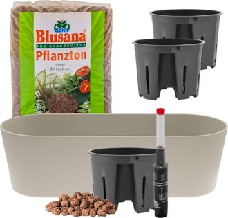 Leni Flori Jardiniere Blumentopf Kiesel/Stein-grau l&auml;nglich 36 cm Hydrokultur-Komplett-Set mit &Uuml;bertopf Hydro-T&ouml;pfen Wasserstandsanzeiger & Pflanzton