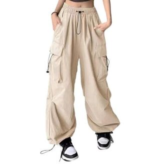Generic Pantalon cargo pour femme - Taille haute - Jambe large - Baggy d&eacute;contract&eacute; - Pantalon de parachute Y2K Streetwear avec plusieurs poches, beige, 3XL