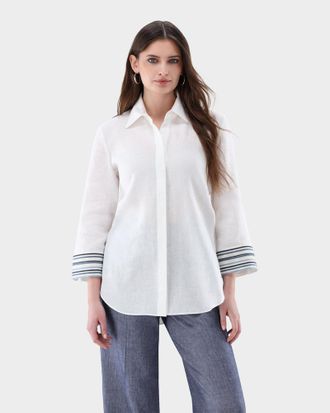 van Laack Regular Fit Leinenbluse mit bestickten Manschetten