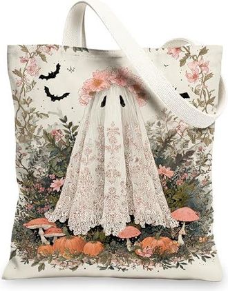 Generic Sacs fourre-tout en toile à motif floral vintage, réutilisables, légers et lavables avec bandoulière pour salle de sport, voyage, plage, pique-nique, 