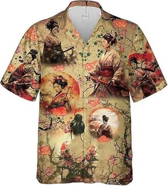 Keephen Japonais Samoura&iuml; Impression 3D Chemise Hawaiienne Femmes Hommes Chemise &agrave; Boutons Casual Bowling Chemise &Eacute;t&eacute; Manches Courtes Chemisier