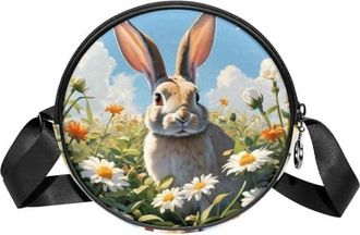 Generic Petit sac &agrave; bandouli&egrave;re circulaire pour femme, motif floral, lapin, sac &agrave; dos &agrave; bandouli&egrave;re avec fermeture &eacute;clair, bretelles r&eacute;glables, sac &agrave; main ron
