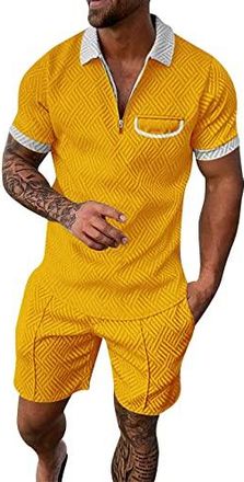 Generic Ensemble polo et short dété 2 pièces pour homme - Tenue de plage hawaïenne légère - Coupe régulière - Manches courtes - Fermeture éclair - Col rabattu