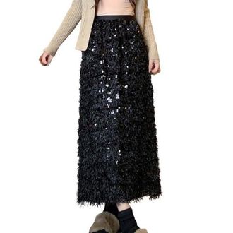 Generic Jupe Paillette Femme Jupes Sequin Jupe Franges pour &Eacute;t&eacute; Tenue de Soir&eacute;e Jupe Fluide Unicolore avec D&eacute;tails en Paillettes