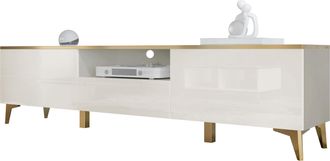 Mirjan24 TV-Lowboard Aioren 2D1S mit 2 Türen und Schublade, Goldene Akzente, Push to Open, Fernsehschrank, Fernsehtisch, TV Schrank TV Bank (Beige/Beige Hochgl