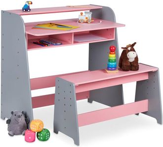 Relaxdays Relaxdays - Bureau enfant avec banc, 2 compartiments, hauteur table réglable, HxLxP: 88 x 90 x 48 cm, rose-gris