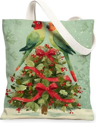 Generic Sacs fourre-tout en toile avec motif oiseaux de No&euml;l, motif arbre floral, sacs d&eacute;picerie r&eacute;utilisables, vintage, l&eacute;gers, lavables, vert, 13x15 Inch