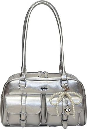 Generic Sac multi-poches multi-poches en cuir synth&eacute;tique avec pendentif pour femmes, filles, femmes, travail, shopping, voyage, usage quotidien, Argent&eacute;., 35