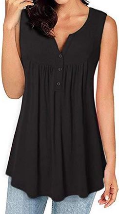 ORANDESIGNE T-Shirt Femme et Tunique Chemisier sans Manches Top Été Chic Sexy V Col Henley Blouse T Shirt avec Bouton D Noir 44