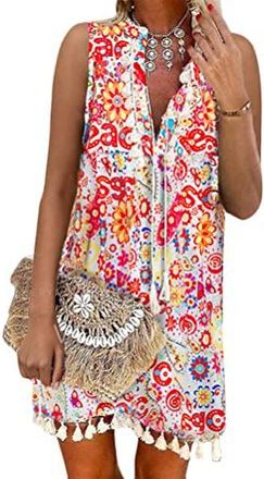 TOMWELL éTé Robe Femme Courte Fluide Mini-Robe DéContractéE Taille Haute Et en Vrac Manche Longue Col en V Adapté à Un Usage Quotidien K Rouge XL