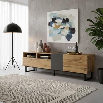 Furniture R Farbblock-TV-Lowboard ohne Griffe, modernes Lowboard mit Fl&uuml;gelt&uuml;ren & Stauraumf&auml;chern f&uuml;r Wohnzimmer & Medienbereich