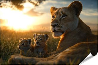 Islandburner XXL Bild Poster L&ouml;win mit Jungen beim Sonnenuntergang Premium Bilder Fotodruck