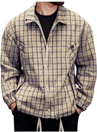 Generico Veste à carreaux pour homme, chemise daffaires avec col roulé, coupe régulière, cardigan décontracté, veste fonctionnelle pour lextérieur, légère, par