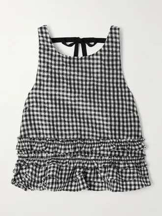 Ganni Haut En Taffetas Recyclé Froissé À Motif Vichy, Volants Et Finitions En Gros-grain - Noir