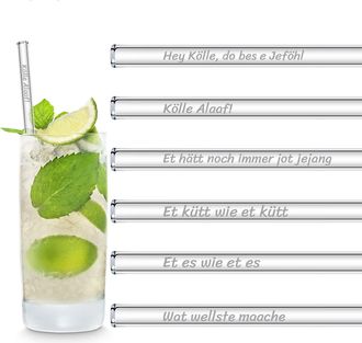 Halm Köln Geschenk Glasstrohalme Lustige Sprüche | 6x 20cm Strohhalme Köln Karneval Geschenkset mit gravierten Sprüchen | Cocktail Set Kölle Alaaf