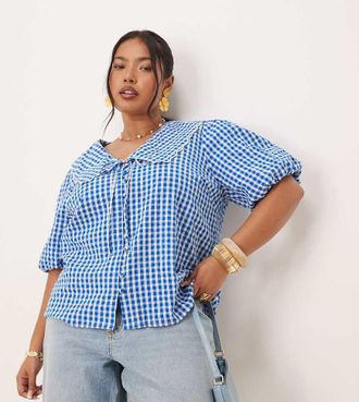 Nobody's Child Birdie - Top &agrave; col et manches bouffantes - Vichy bleu-Multicolore