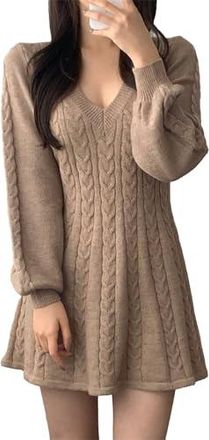 Generic Robe dautomne d&eacute;contract&eacute;e &agrave; manches longues et col en V pour femme, en tricot torsad&eacute;, &agrave; manches longues, pour un usage quotidien, kaki, L