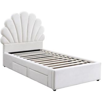Vente-Unique Lit coquillage 90 x 190 cm avec 2 tiroirs - Velours - Blanc - MOANA