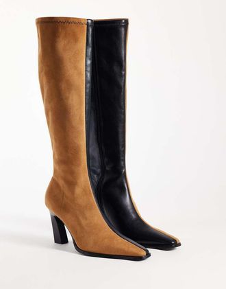 Asos Crescent zweifarbige kniehohe Stiefel mit Absatz in Hellbraun und Schwarz