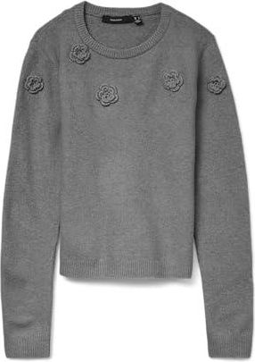 Vero Moda Vmrose Ls Pull &agrave; col Rond pour Femme, M&eacute;lange de Gris Moyen., M