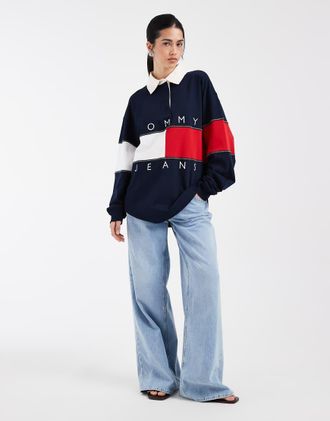 Tommy Jeans Rugby-Hemd in Marineblau mit Flag-Logo und Oversize-Schnitt