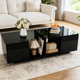 Generic Couchtisch mit LED, Schwarzer Hochglanz, 120cm, Glasoptik, Wohnzimmertisch mit Beleuchtung, Hochglanz Schwarz