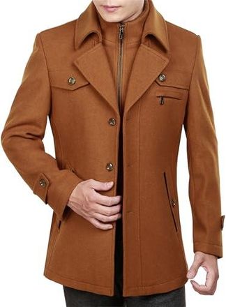 Generic Manteau épais en laine mélangée pour homme Col cranté Simple boutonnage Fermeture éclair Trench Coat, jaune, XXL