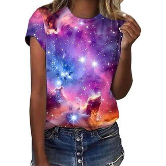 Generic Galaxy T-shirt femme imprim&eacute; galaxie T-shirts &agrave; paillettes Chemisier tendance Ciel &eacute;toil&eacute; T-shirt col rond manches courtes Hauts pour costumes de carn
