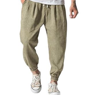Generic Pantalon de jogging confortable en coton et lin pour homme - Coupe ample - Cordon de serrage - Taille &eacute;lastique - Pantalon de yoga - Pantalon de plage
