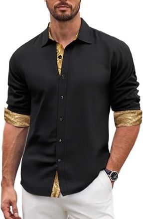 Barry.Wang Chemise habill&eacute;e &agrave; manches longues boutonn&eacute;e pour homme - Col contrast&eacute; - Style d&eacute;contract&eacute; - Pour f&ecirc;te, mariage, Cachemire dor&eacute;, M