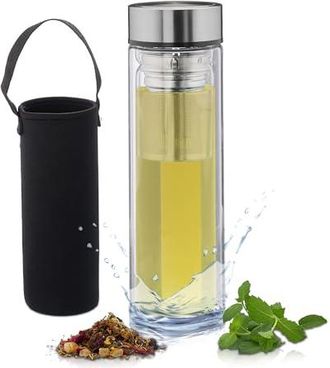 Relaxdays Teeflasche mit Sieb, 450 ml, Trinkflasche to go, isoliert, Neoprentasche, Teebereiter, Borosilikatglas, klar