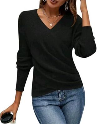 Generic &Eacute;l&eacute;gant pull d&eacute;contract&eacute; en tricot &agrave; col en V pour femme, pull crois&eacute; &agrave; manches longues, haut dautomne d&eacute;contract&eacute;, fronc&eacute;, Noir, XXL