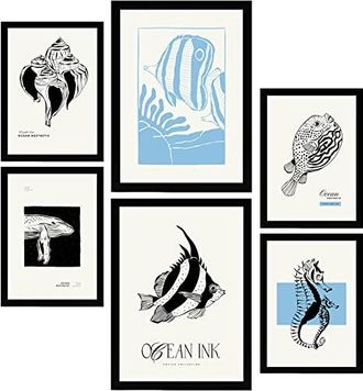 Nacnic Ensemble de 6 affiches &agrave; lencre noire. Motifs oc&eacute;aniques. Impressions artistiques de la mer et de loc&eacute;an pour lam&eacute;nagement int&eacute;rieur et la d&eacute;coration.