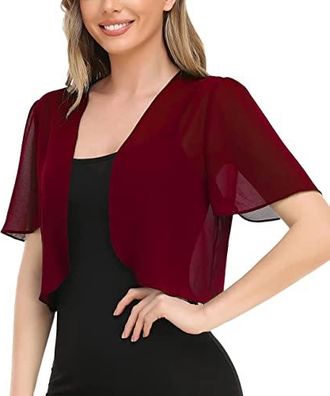 ORANDESIGNE Cardigan Court Été Femme Casual Bolero Ouvert Respirant Vintage Élégant Tops Hauts Femme Léger Doux Gilet pour Mariage Travail Vacances D Vin Rouge S