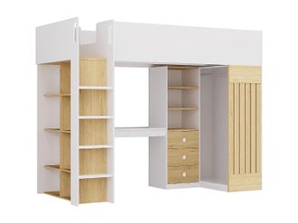 Vente-Unique Hochbett mit Schreibtisch & Kleiderstange - 90 x 190 cm - Wei&szlig; & Holzfarben - LORINTI