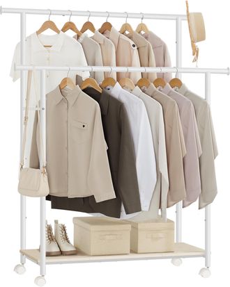 Songmics Kleiderständer auf Rollen, Kleiderstange mit Ablage, 2 Stangen, Garderobenstange, 98,5 cm breit, insgesamt bis 100 kg belastbar, Stahlrahmen, naturbei