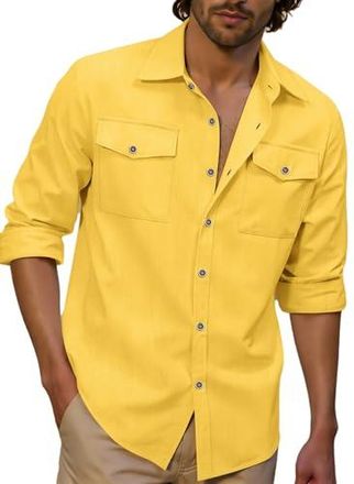 Generic Chemise de plage boutonn&eacute;e &agrave; manches longues en lin avec poches pour homme, jaune, XXL