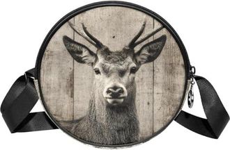 Generic Sac &agrave; bandouli&egrave;re rond rond pour femme, motif cerf, en bois ancien, avec fermeture &eacute;clair, bretelles r&eacute;glables, style d&eacute;contract&eacute;