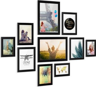 Photolini Bilderrahmen Set Schwarz, Fotorahmen Holz MDF, 10er Bilderrahmenset Wand Collage, photo frames for wall mit Acrylglas aufhängen, schwarze Bilderrahmen