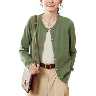 Dissa Valin Gilet Cachemire 95% Femme Col Rond Vert Solide Couleur Tricot&eacute; en Vrac Manches Longues Fin Cardigan en Cachemire et Laine,44,SPR1201
