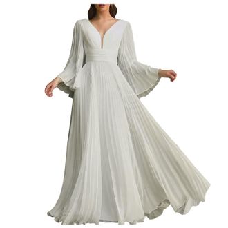 Generic Abendkleid Lang Damen Strickkleid Weihnachten Kleid Damen&I3 Elegant Vintage TüLl TrompetenäRmel V-Ausschnitt Maxi Kleid Elegant Hohe Taille Langarm L