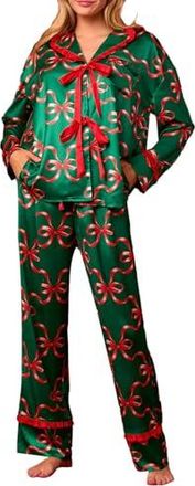 Generic Ensemble de pyjama &agrave; manches longues avec noeud et pantalon de No&euml;l pour la Saint-Valentin 2026, Vert, XXL