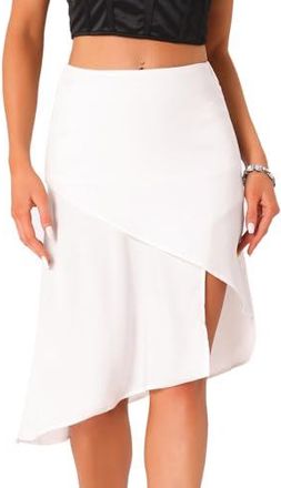 Allegra K Jupe Portefeuille à Volants Femme Taille Haute Jupe Asymétrique Ligne A Midi Fluide Élégante Blanc XL