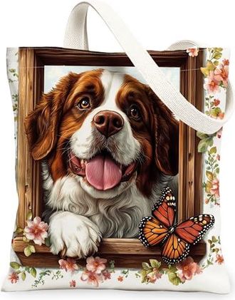 Generic Sac fourre-tout en toile motif chien du printemps Saint-Bernard 33 x 38,1 cm, sac &agrave; bandouli&egrave;re r&eacute;utilisable pour femme, peinture danimaux domestiques